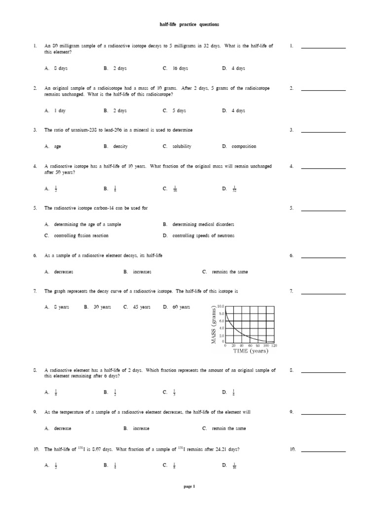 Half-Life Practice Questions | PDF | Radioactive Decay | Chemical Elements