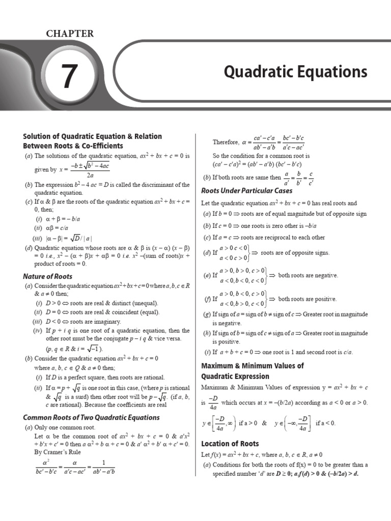 Quadratic Equations Short Notes6606dba7a1250b0018512651 | PDF ...