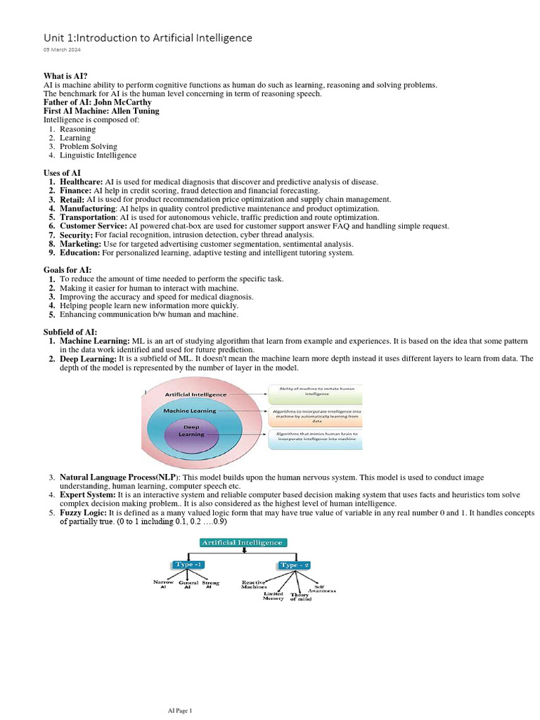 Unit 1:introduction To Artificial Intelligence: 05 March 2024 | PDF | Artificial Intelligence ...