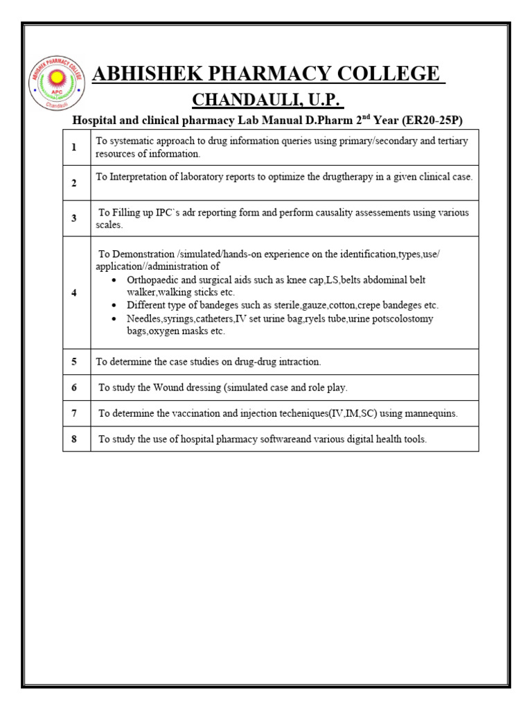 Hospital N Clinical Pharmacy Lab Manual | PDF