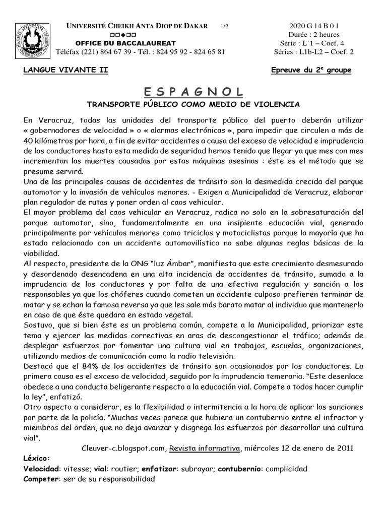 Sujet Esp LV2 B01 2020 | PDF | Accidente de tráfico | Transporte