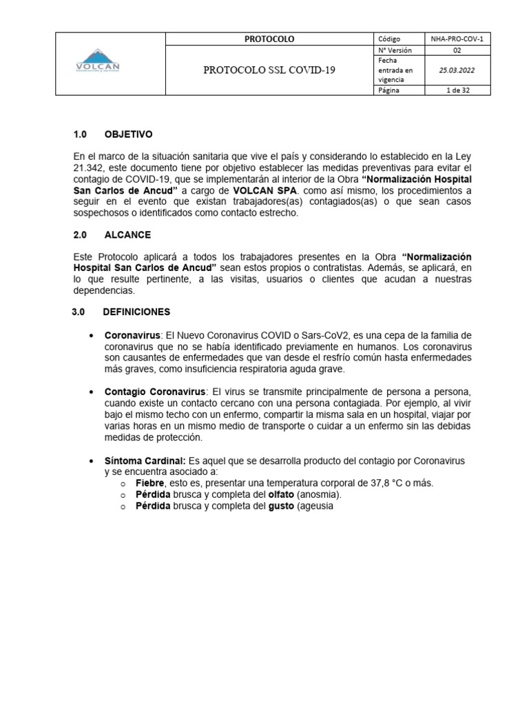 Protocolo Ssl Covid-19 Volcan Spa^ | Descargar gratis PDF | Lavado de manos | VIH