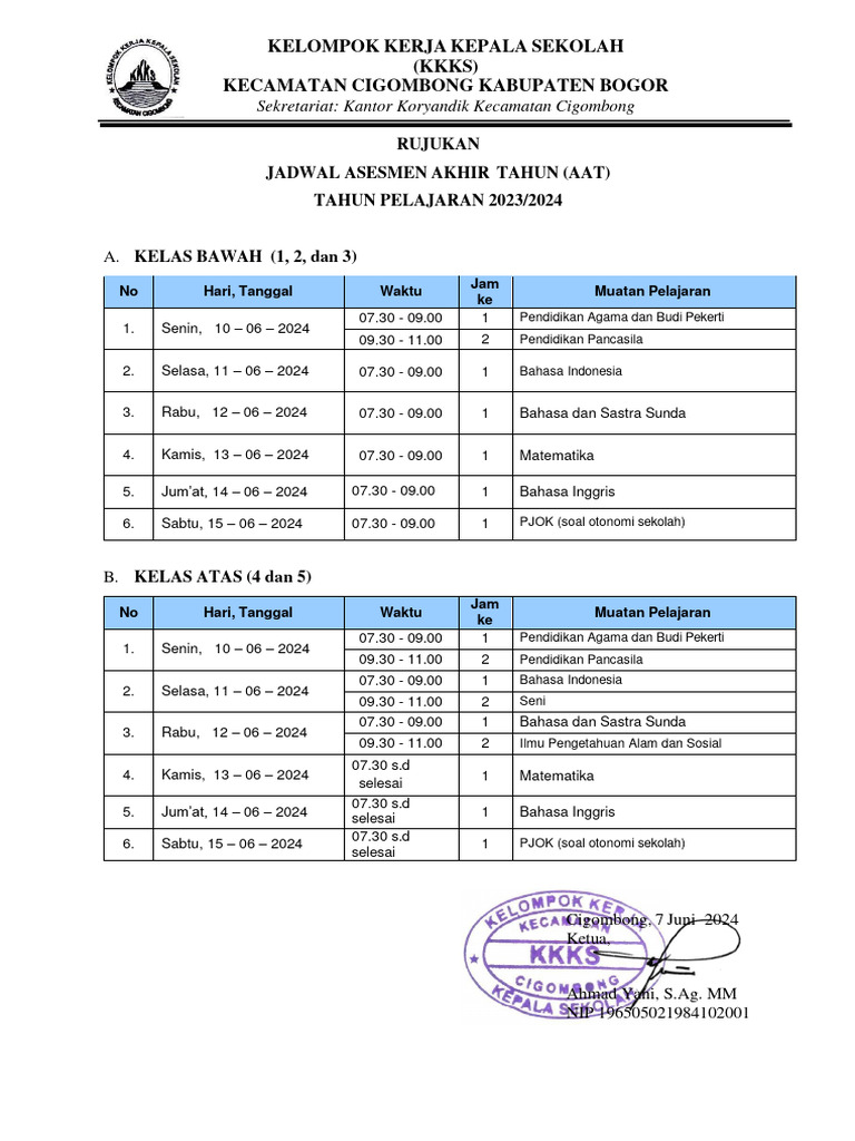 Jadwal AAT Kelas 1-5 Tahun 2024 | PDF