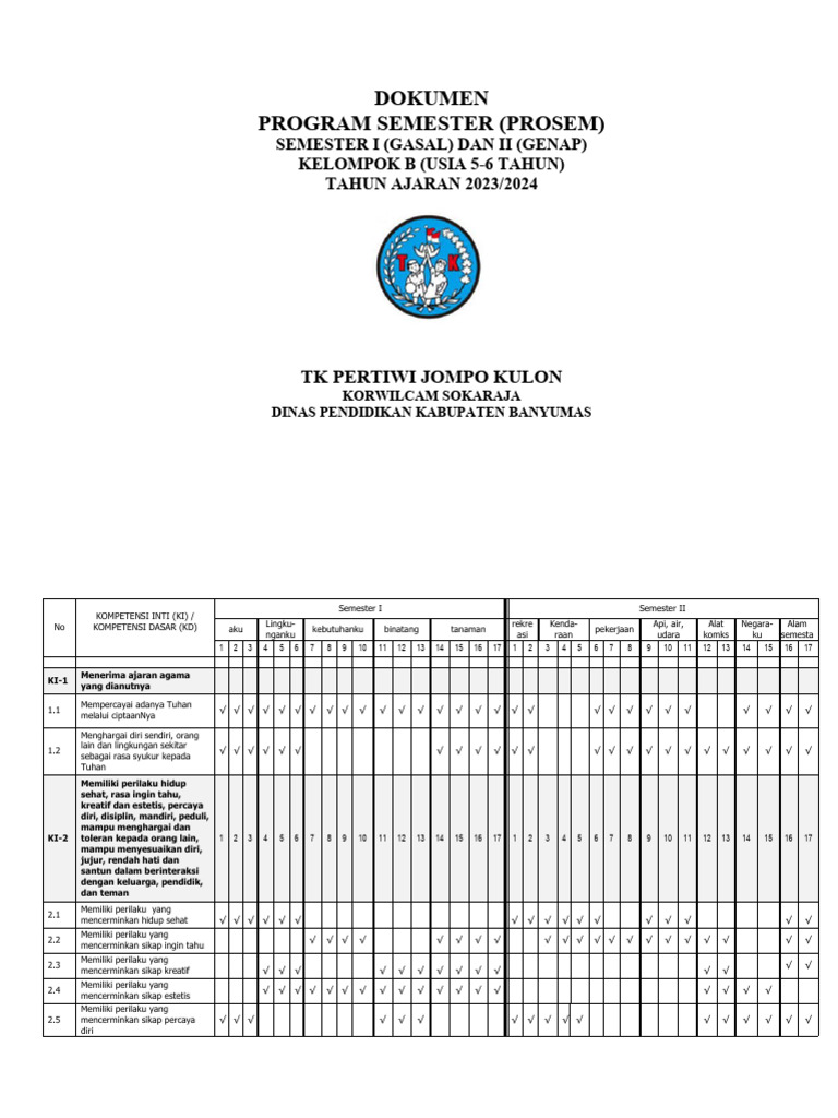 PROSEM SMT 1,2 - TK PERTIWI JOMPO KULON TA 2023-2024 | PDF