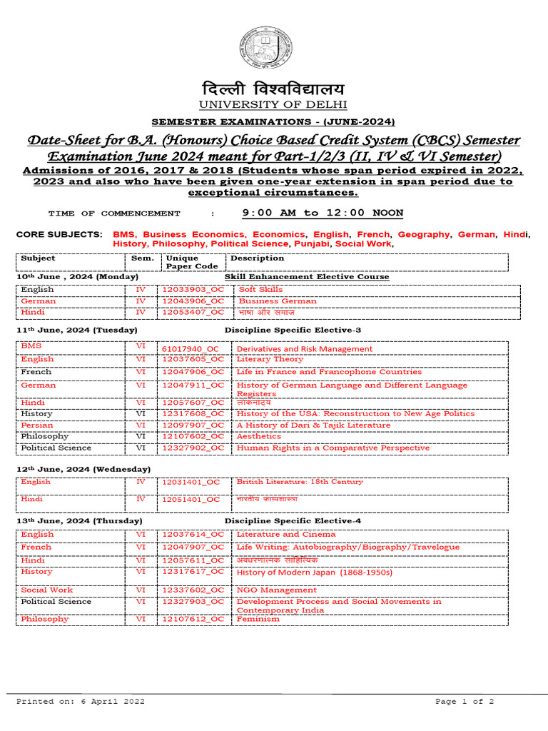 2024-05-10-BA(H) 2022-SEM.-II-IV-VI(CBCS) | Download Free PDF | Science ...