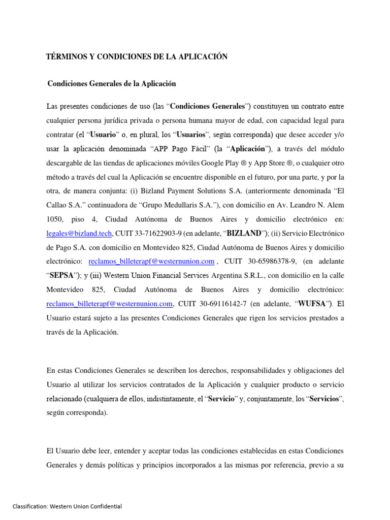 Terminos Condiciones Pago Facil | Descargar gratis PDF | Aplicación movil | Pagos