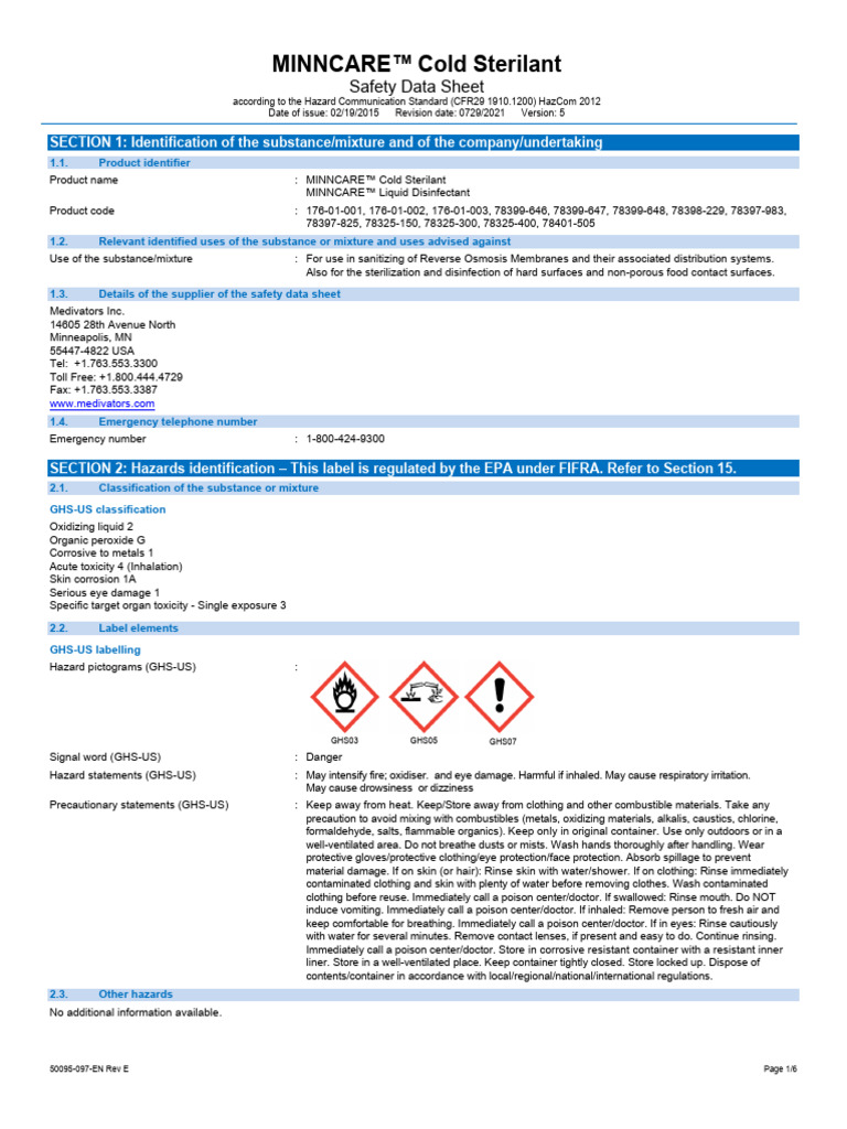 Minncare Cold Sterilant Safety Data Sheet | PDF | Toxicity | Pesticide