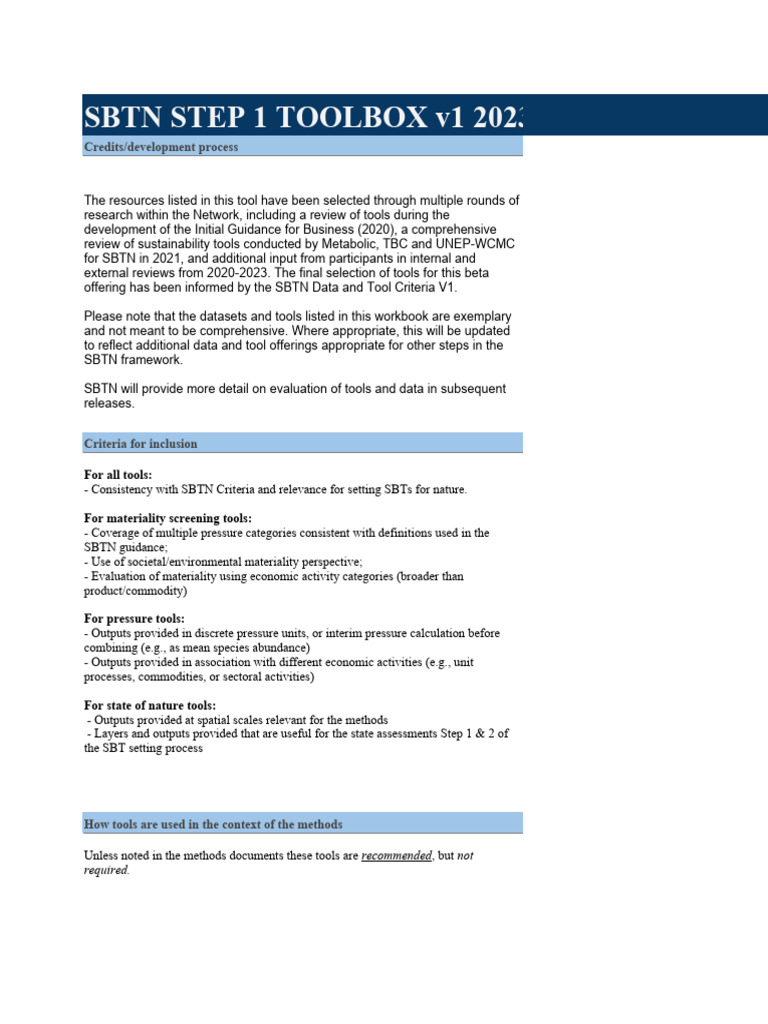SBTN Step 1 Toolbox v1 2023 | PDF | Biodiversity | Life Cycle Assessment