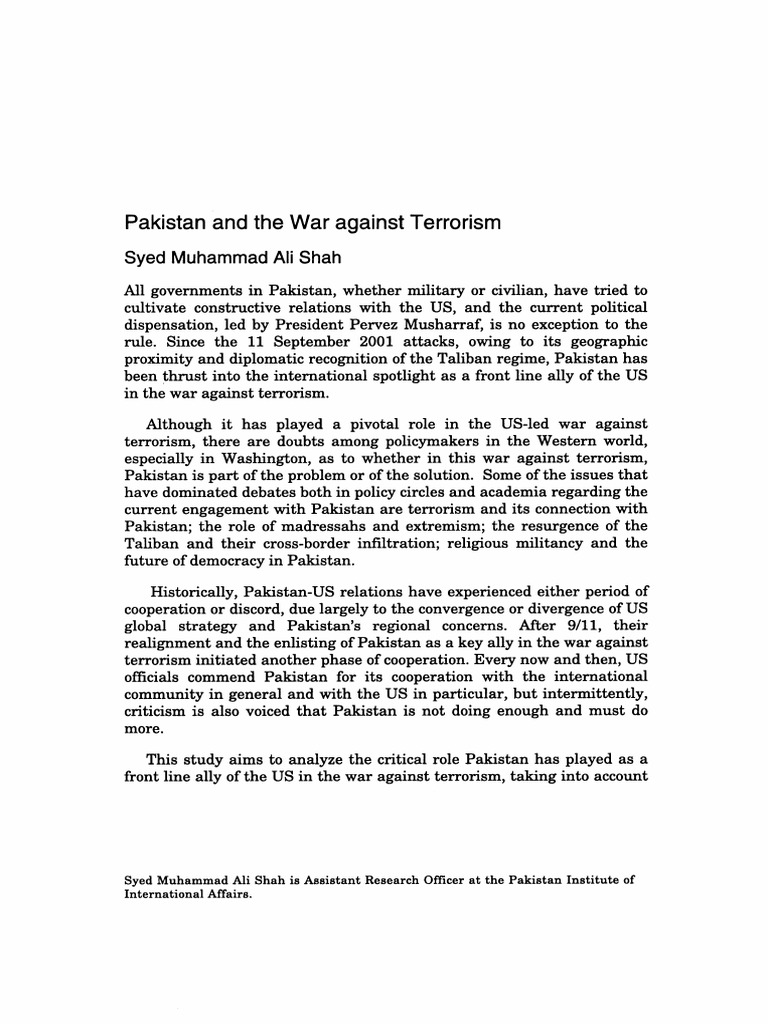 Pakistan and The War Against Terrorism | PDF | Taliban | Afghanistan