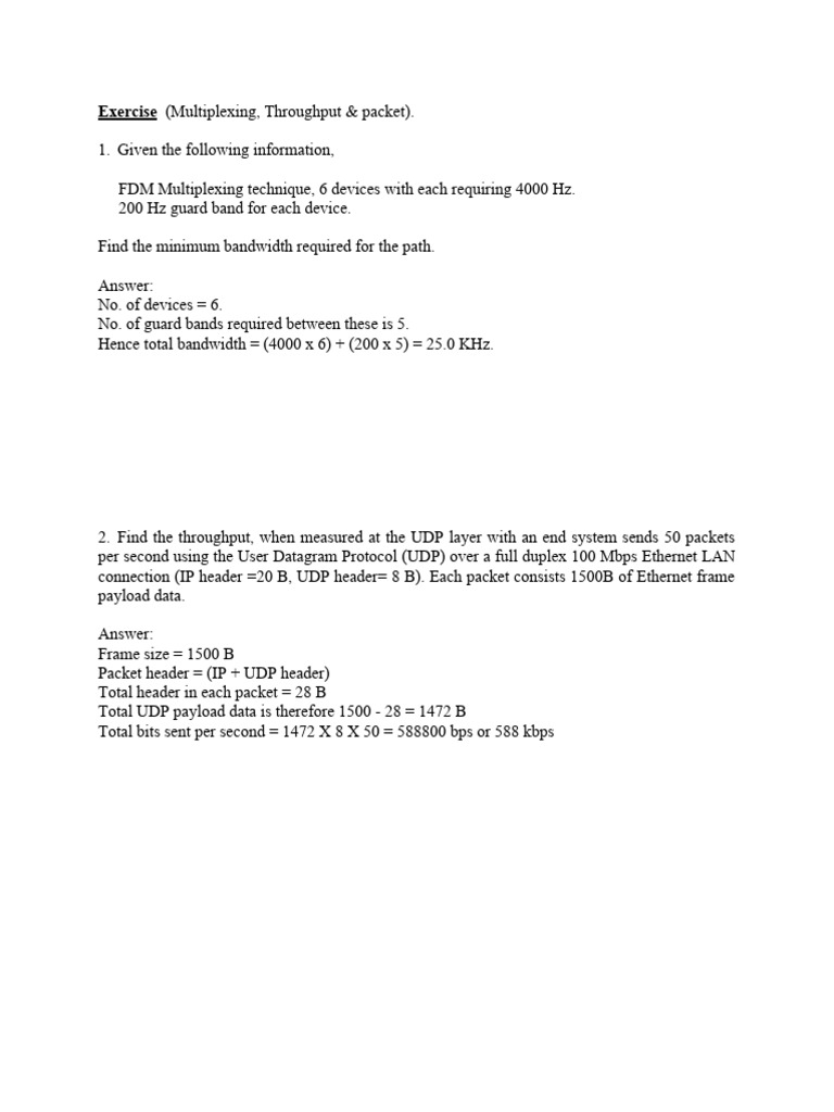 Exercise (Multiplexing, Throughput, Packet) | PDF | Network Packet ...