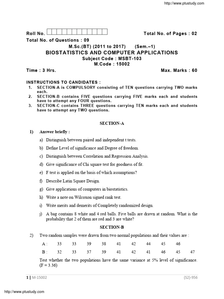 Msc Bt 1 Sem Biostatistics And Computer Applications 15002 May 2019