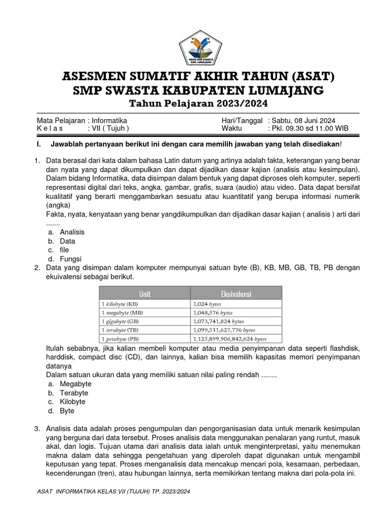 Soal Dan Kunci Asat Informatika 7 | PDF