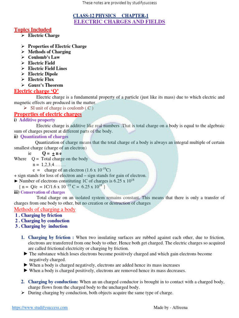 Class 12 Physics ch-1 Notes | PDF | Capacitance | Electric Charge
