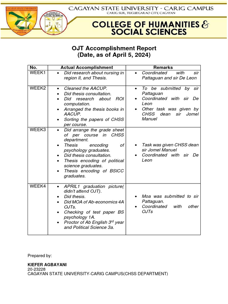 AGBAYANI KIEFER OJT Accomplishment REPORTS | PDF | Cognition | Psychology