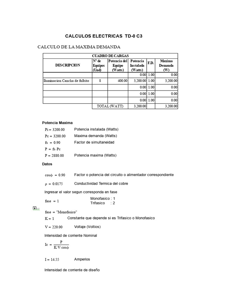 CALCULOS ELECTRICAS TD-0 (c3) | PDF | Energia electrica | Corriente ...
