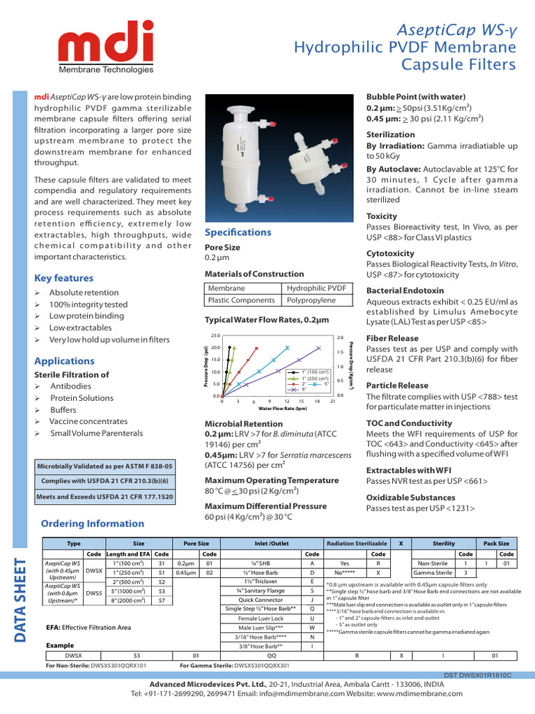 MDI AseptiCap WS-γ Capsule Filters | PDF | Sterilization (Microbiology)
