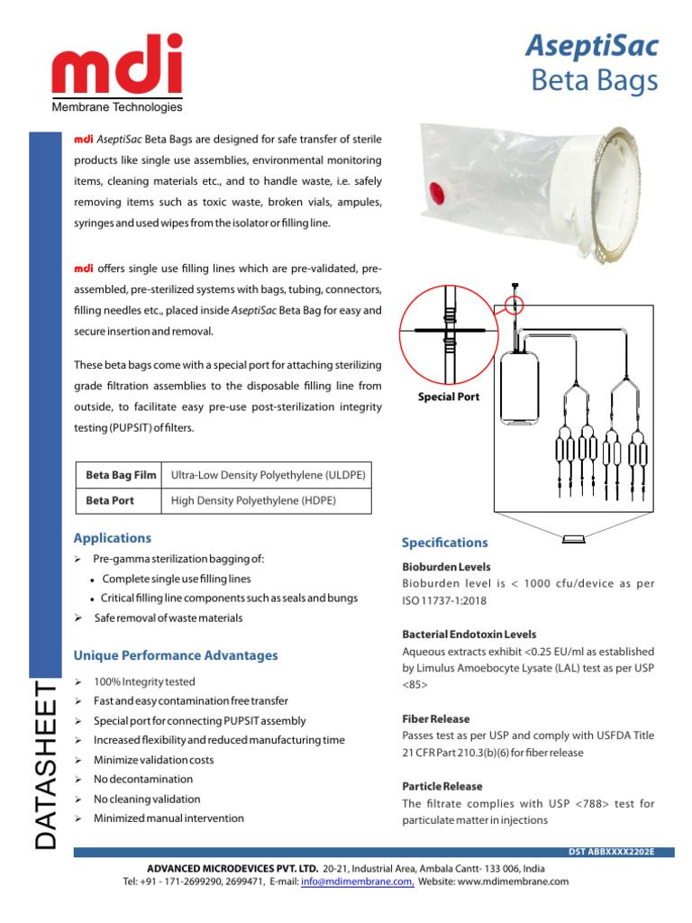 Datasheet AseptiSac Beta Bag | PDF | Sterilization (Microbiology)