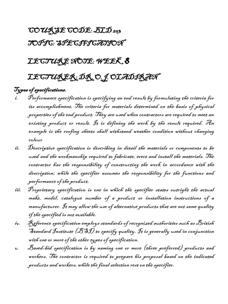 BLD 232 Lecture Note Week 8 | PDF | Specification (Technical Standard)