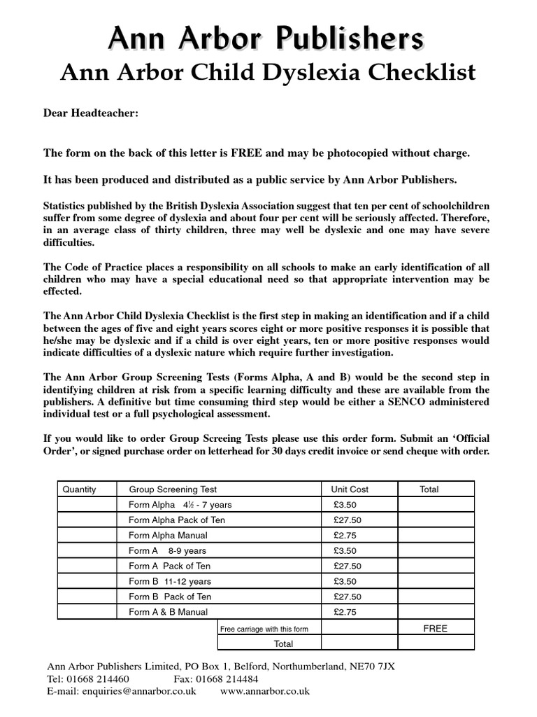Ann Arbor Child Dyslexia Checklist | Download Free PDF | Dyslexia ...