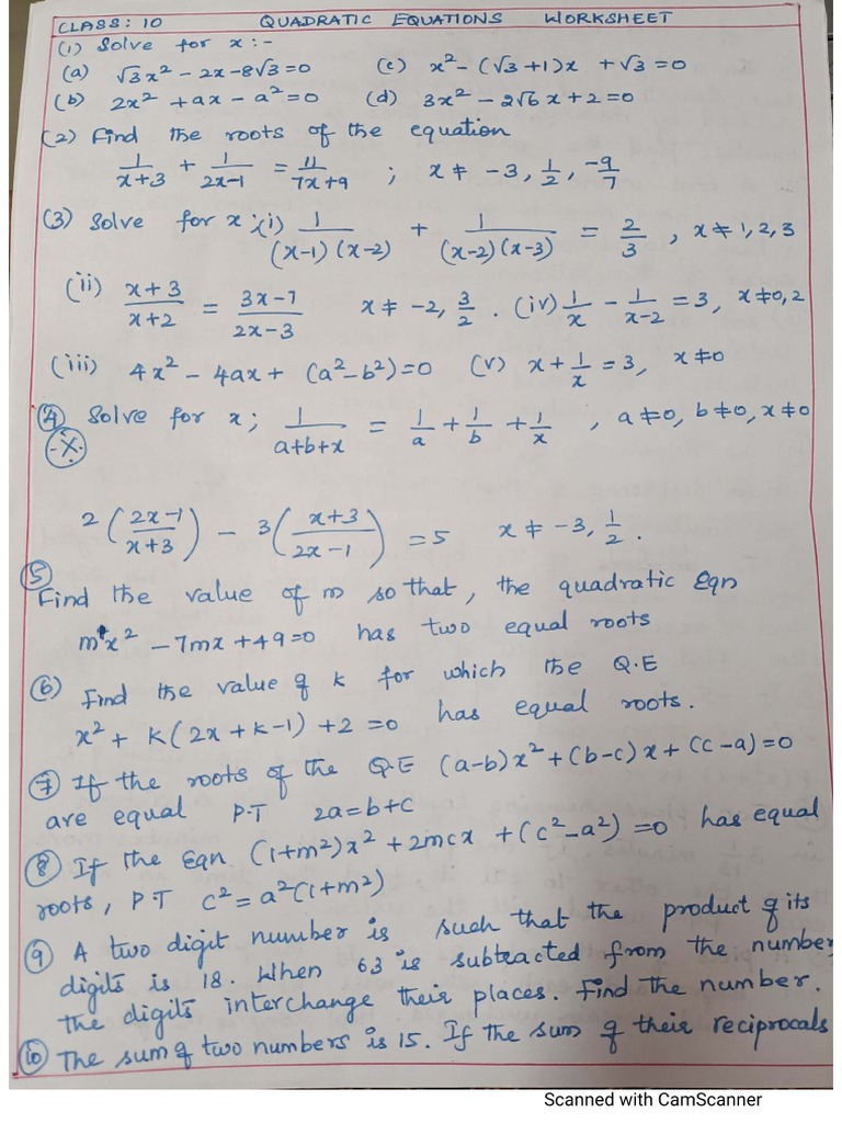 Cls 10 Quadratic Equations and AP Worksheet | PDF