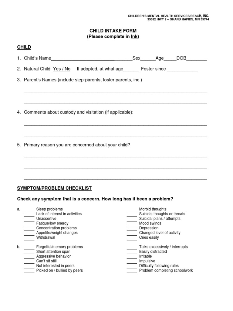 Child Intake Form | Download Free PDF | Mental Disorder | Pregnancy