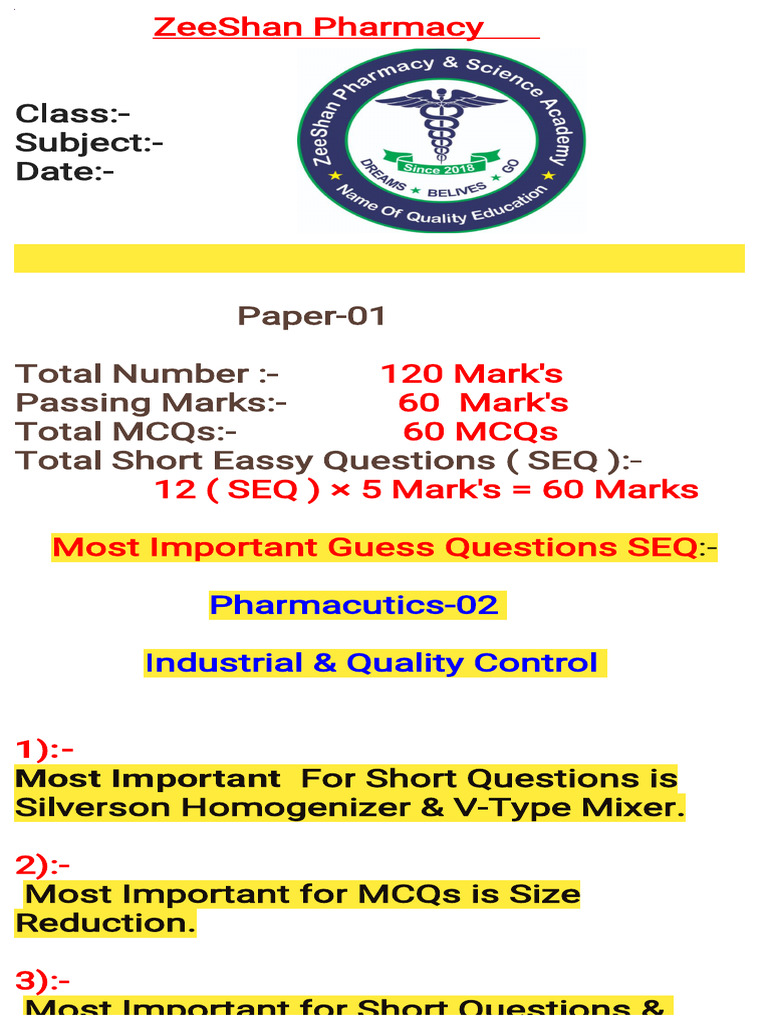 Pharmacy Technician Annual Examation 2024 Paper-1 Guess Most Important ...
