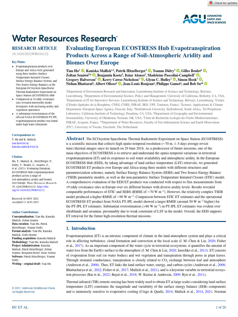 Water Resources Research 2023 | PDF | Heat | Evapotranspiration