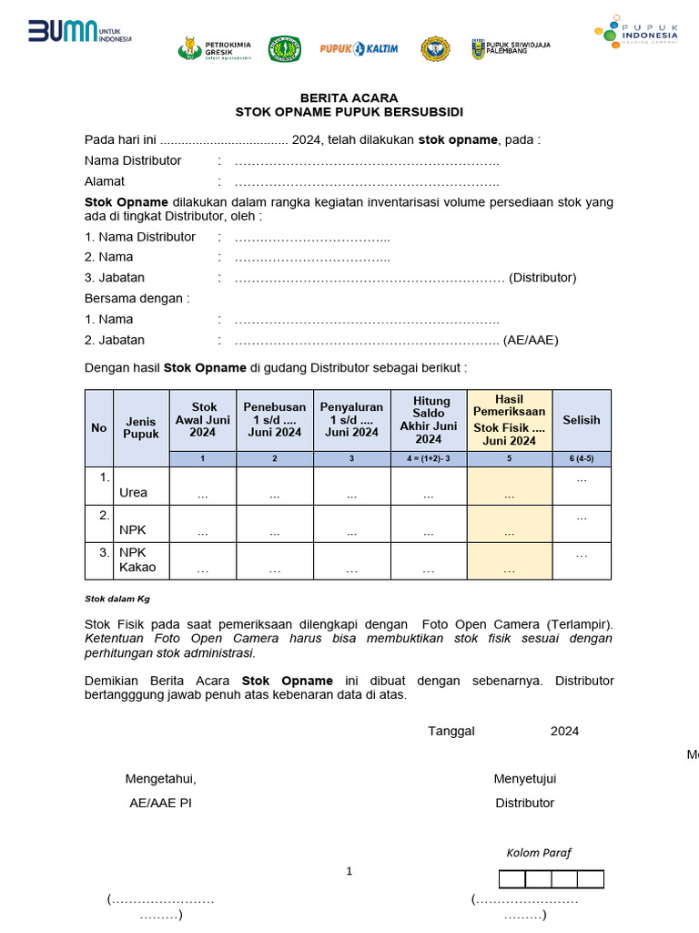 Form - Berita Acara Stok Opname Distributor 2024 | PDF