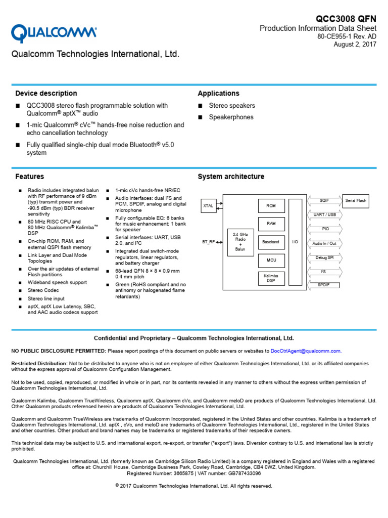 Qualcomm Technologies International, LTD.: QCC3008 QFN | PDF | Bluetooth | Specification ...