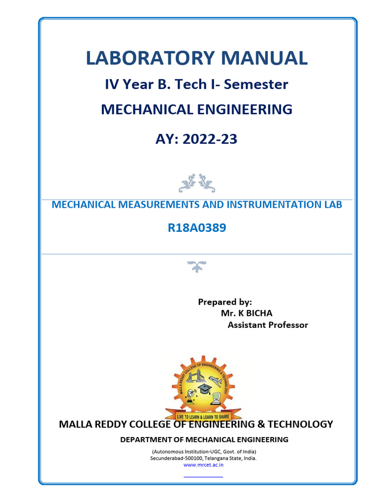 Mechanical Measurements and Instrumentation Lab | PDF | Vacuum | Pressure Measurement