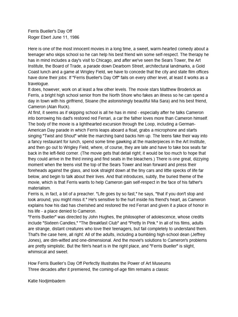 Ferris Bueller's Day Off: A Cinematic Journey | PDF | Poetry | General Fiction