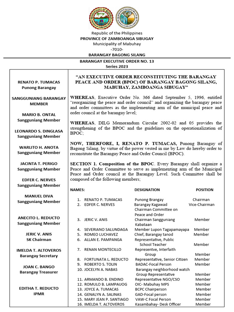 BPOC EXECUTIVE ORDER | PDF | Government | Governance