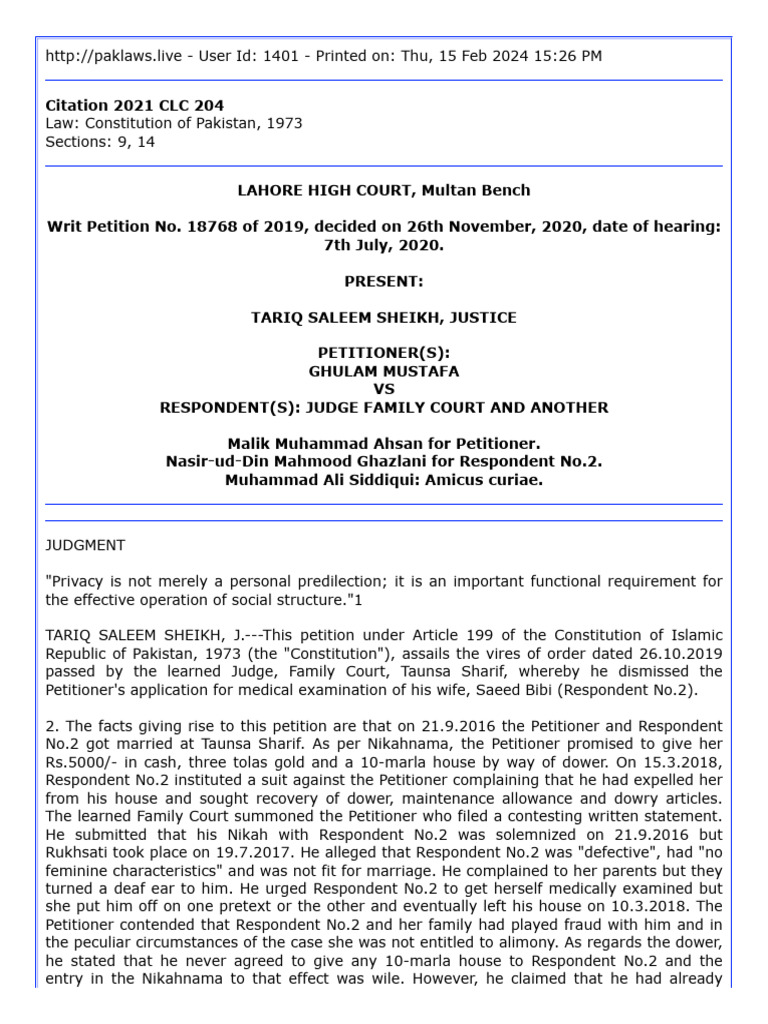 Citation 2021 PAK 699 | PDF | Privacy | Right To Privacy