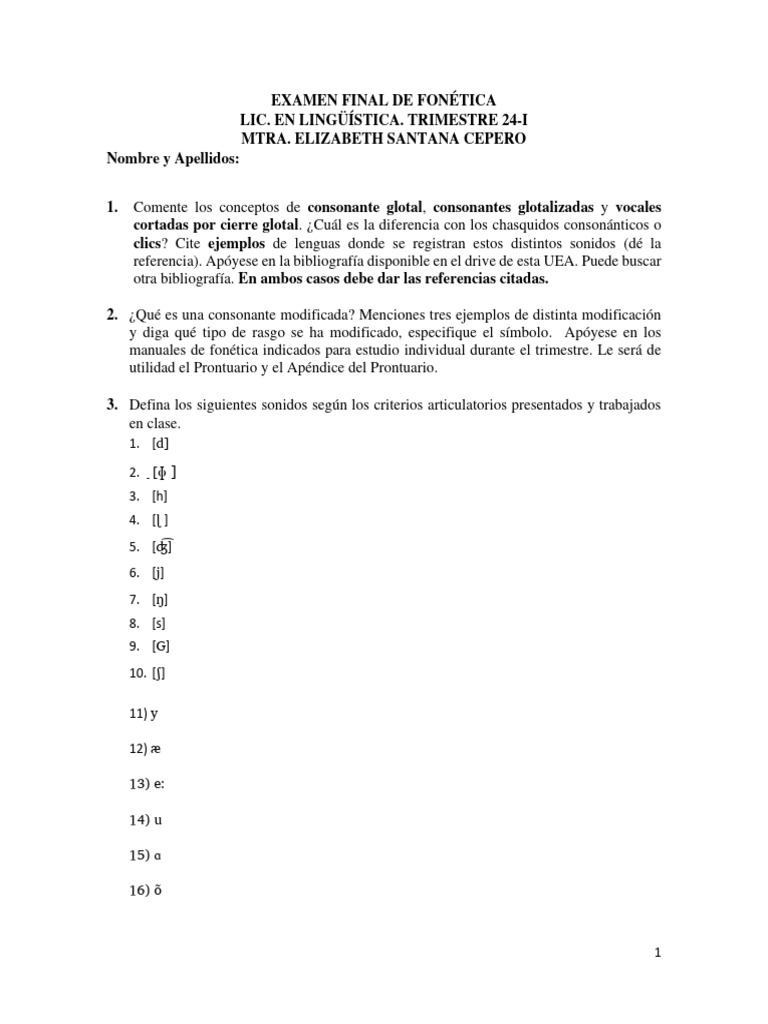 Examen Final de Fonética 2024 | PDF | Fonética | Voz humana