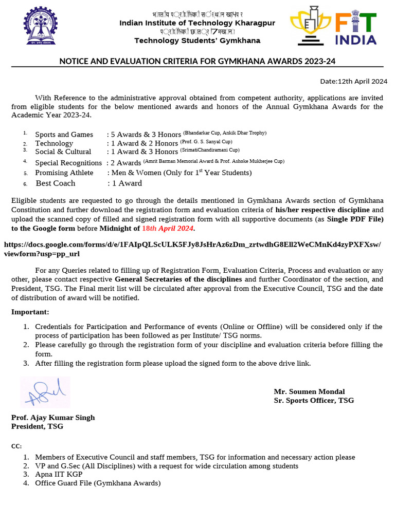 Notice, Registration Form, Evaluation Form Gymkhana Awards 2023-24 | PDF