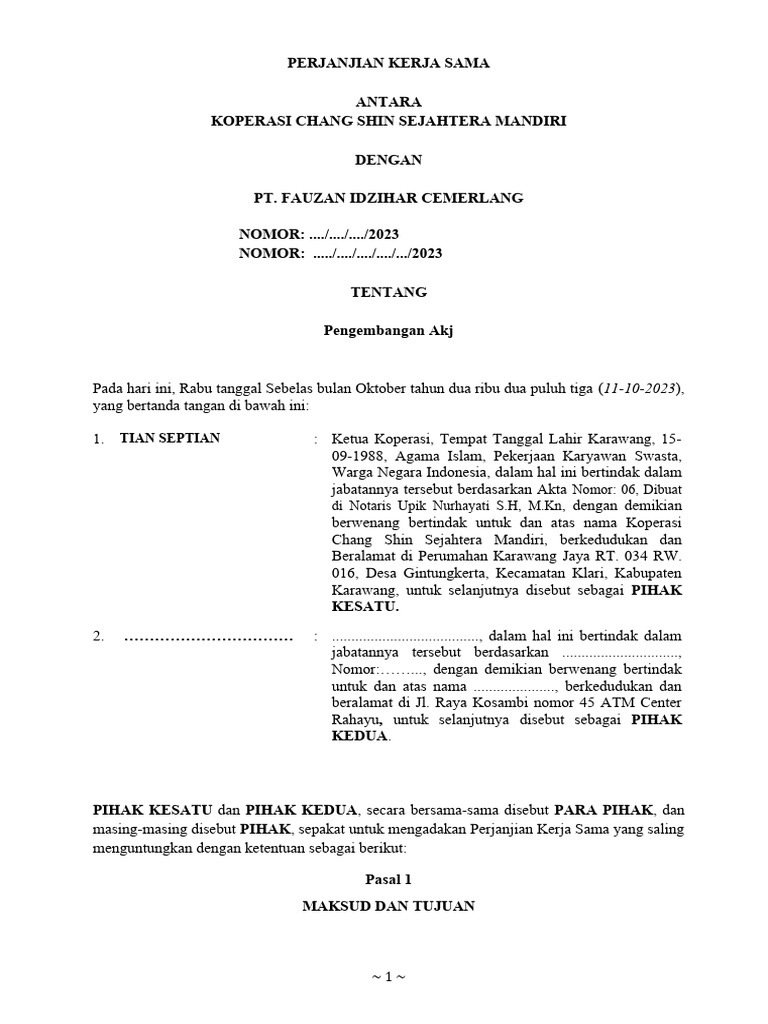 PERJANJIAN KERJASAMA KOPERASI DENGAN PT. | PDF
