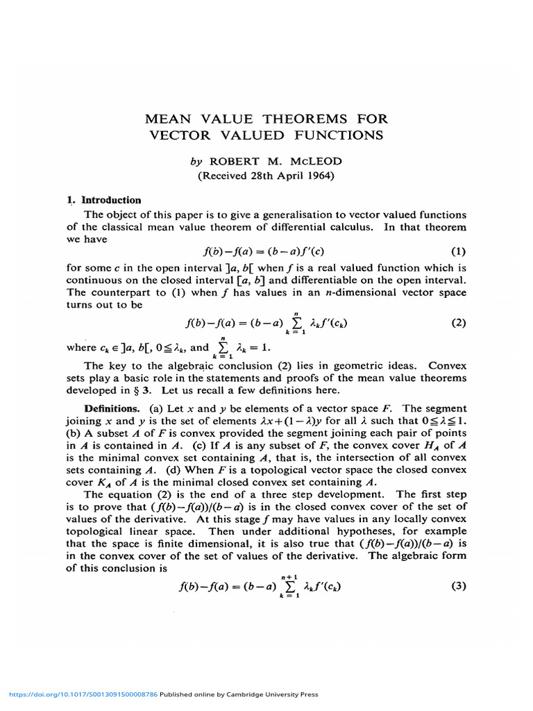 Mean Value Theorems For Vector Valued Functions Pdf Continuous Function Convex Set