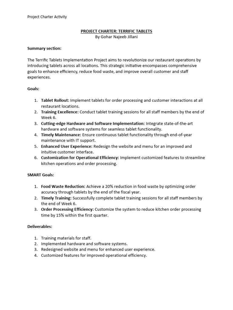 PROJECT CHARTER Activity | PDF | Tablet Computer | Goal