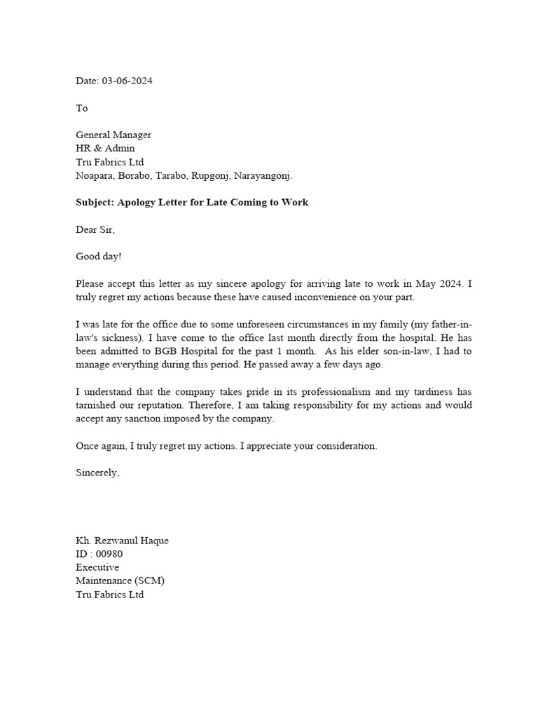 Free Apology Letter For Late Coming To Work Template | PDF | Career ...