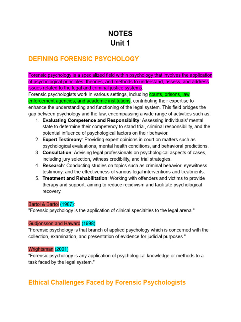 Unit 1 NOTES (Forensic Psychology) | PDF | Psychology | Criminal Justice