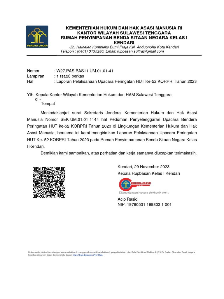 Laporan Pelaksanaan Upacara Hut Korpri Rupbasan Kendari | PDF | Politik | Ilmu Sosial