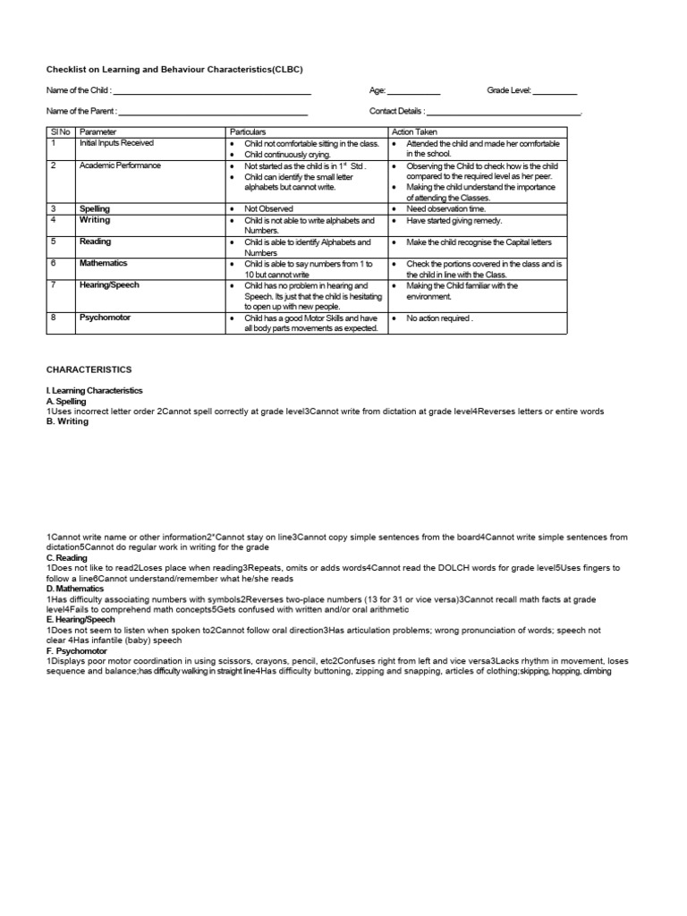 Checklist On Learning and Behaviour Characteristics | PDF | Linguistics ...