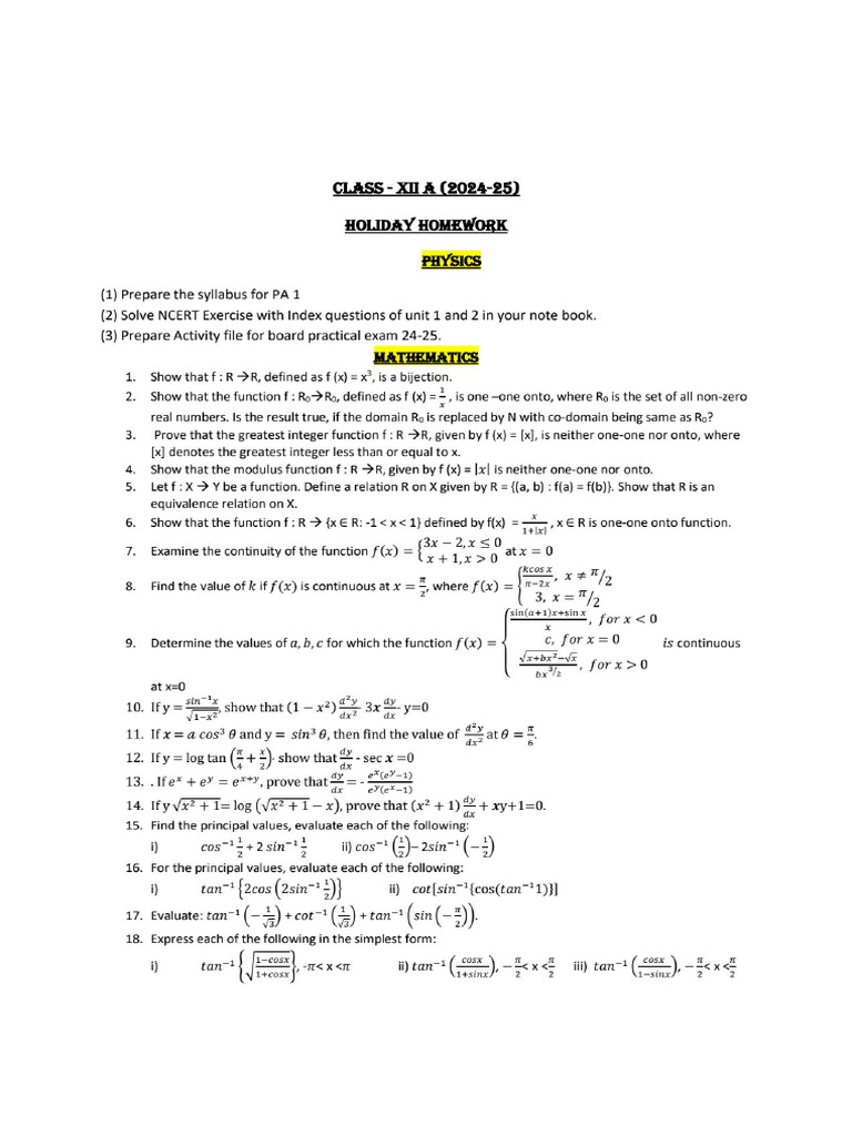 Class 12 Holiday Homewor | PDF