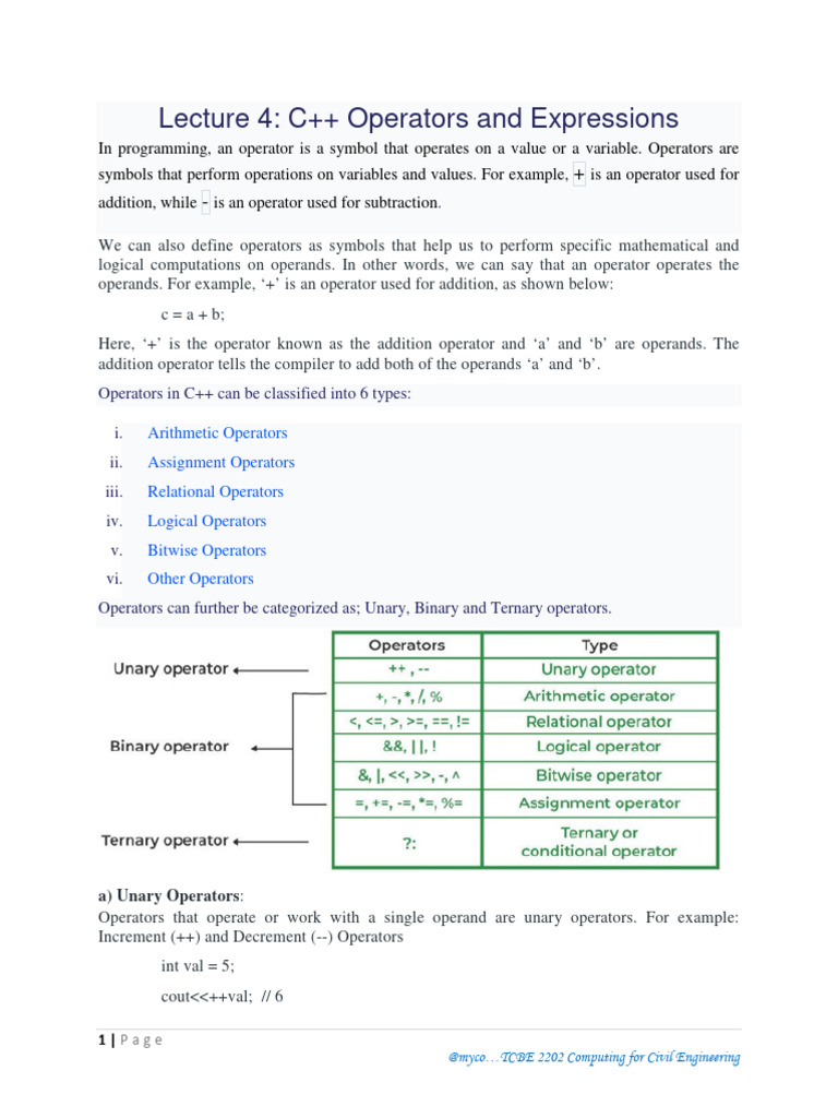Lecture 4-C++ Operators and Expressions | PDF | Pointer (Computer Programming) | Computer Science