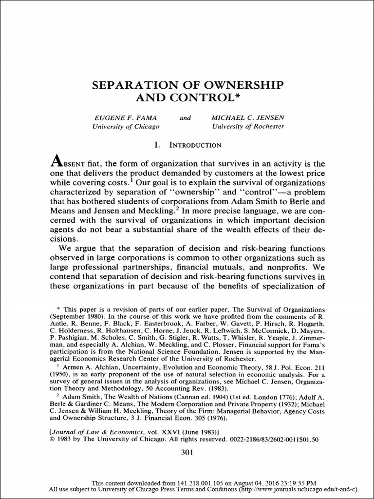 Michael Jensen - SEPARATION OF OWNERSHIP AND CONTROL | PDF | Book ...