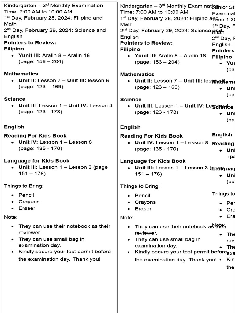 Kinder and Junior Pointers (3rd Monthly Examination) | PDF