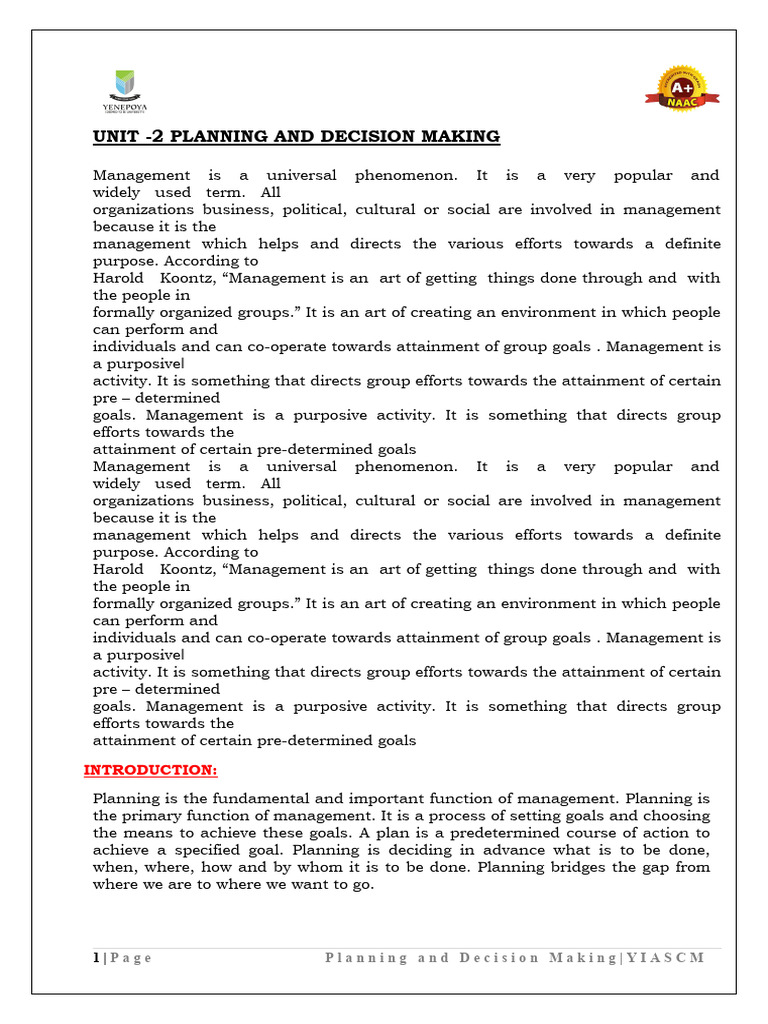 UNIT - 2 Planning | PDF | Decision Making | Strategic Planning