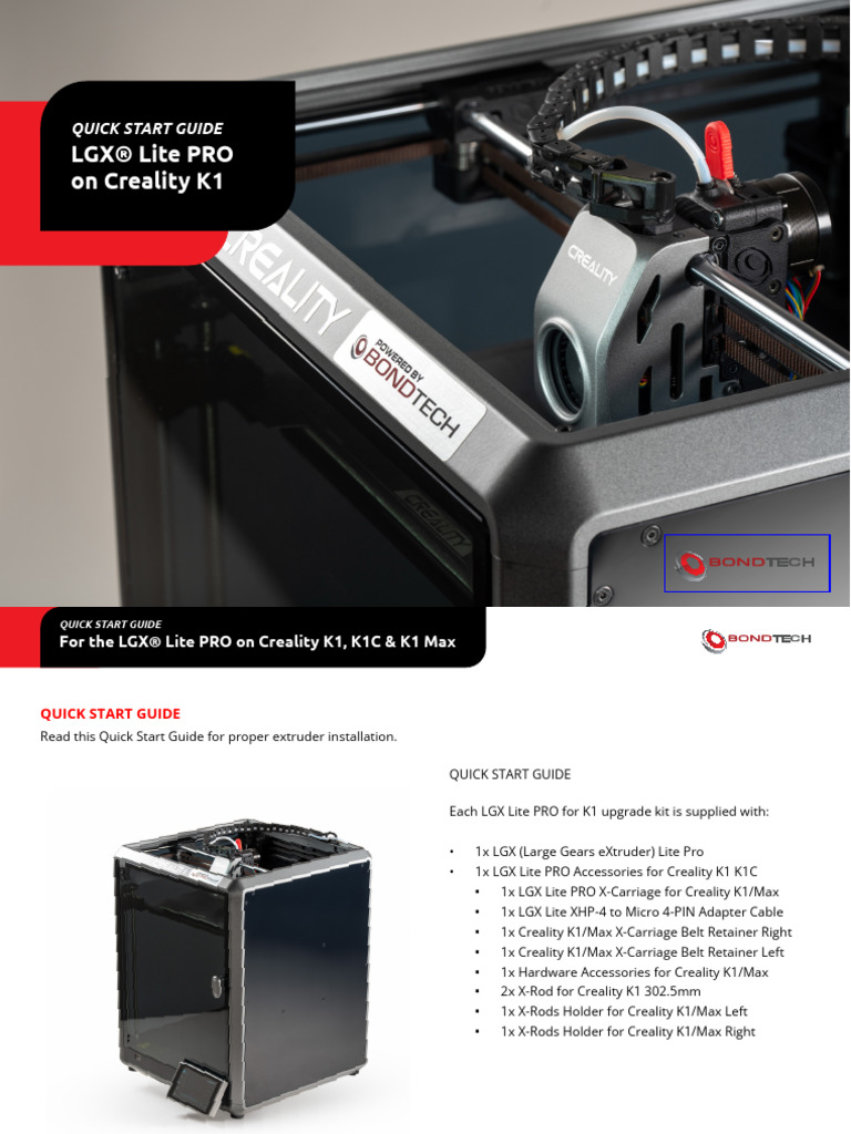 Bondtech UPG01CRL41260 LGX Lite PRO Upgrade Kit for Creality K1 K1C-Quick Start Guide | Download ...
