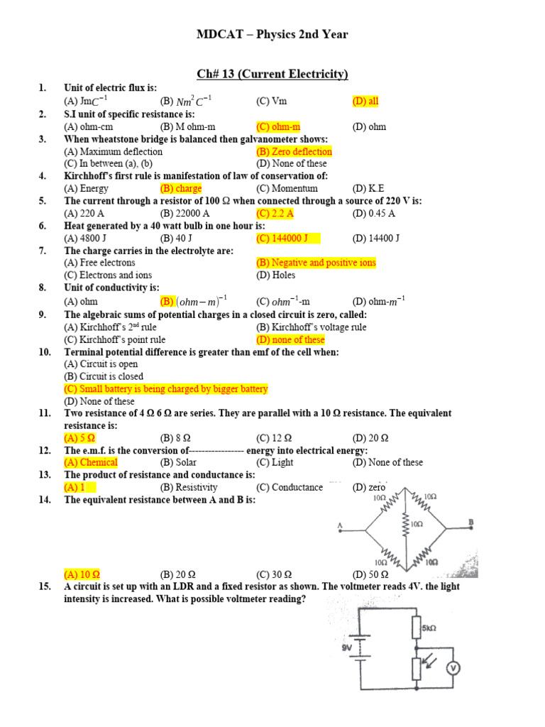 MDCAT Physics: Current Electricity Quiz | PDF | Electrical Resistance ...