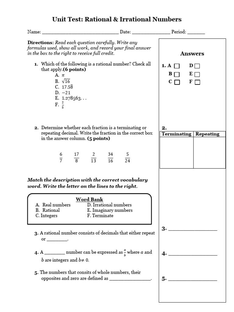 Practice Test For CW If Needed | PDF | Rational Number | Numbers